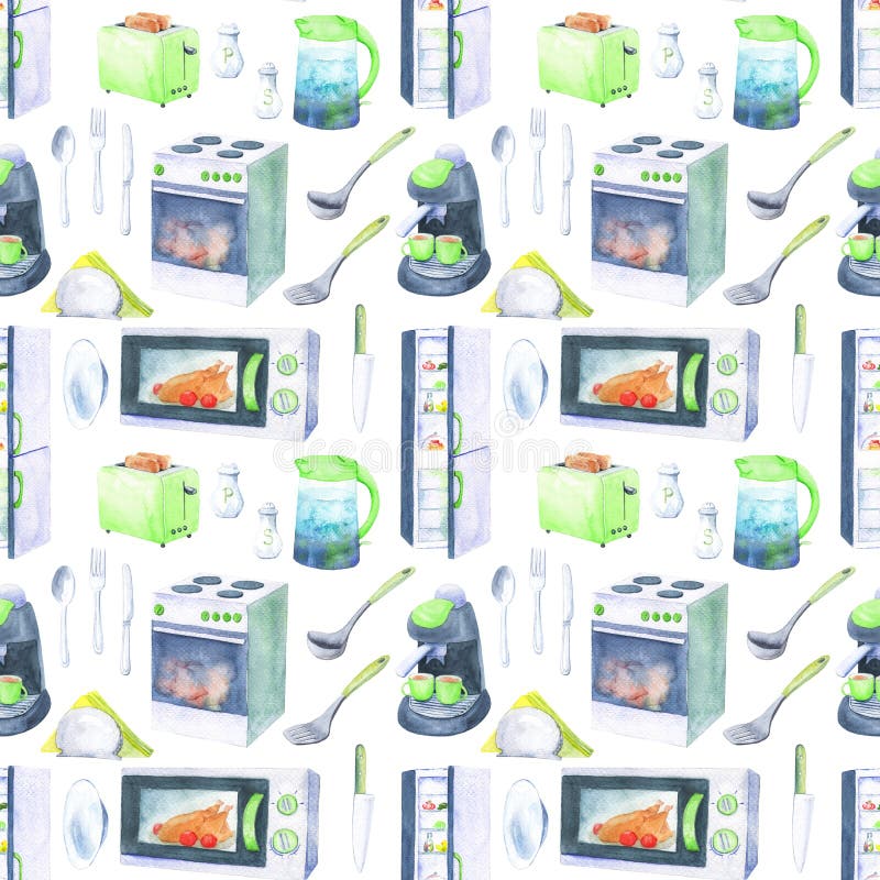 Watercolor Drawings of Kitchen Appliances and Products - Seamless ...