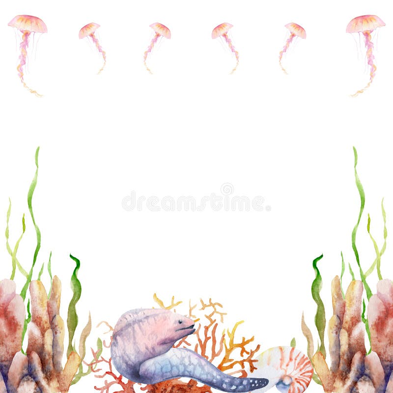 Watercolor Drawings of the Ocean, Sea, Frame Stock Illustration ...