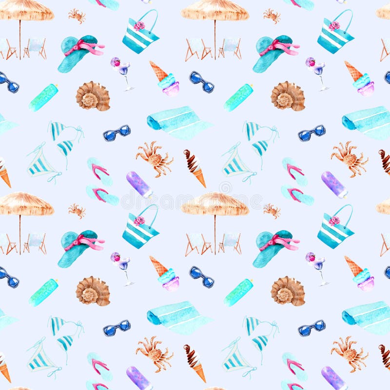 Watercolor Drawings. Theme Beach Stock Illustration - Illustration of ...