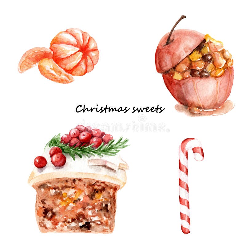 Watercolor Drawings on the Theme of Christmas Sweets Stock Illustration ...