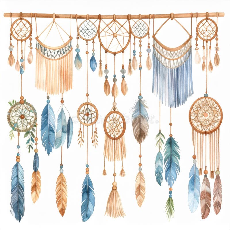 Watercolor Dreamcatchers with Feathers Wall Hanging Stock Illustration ...