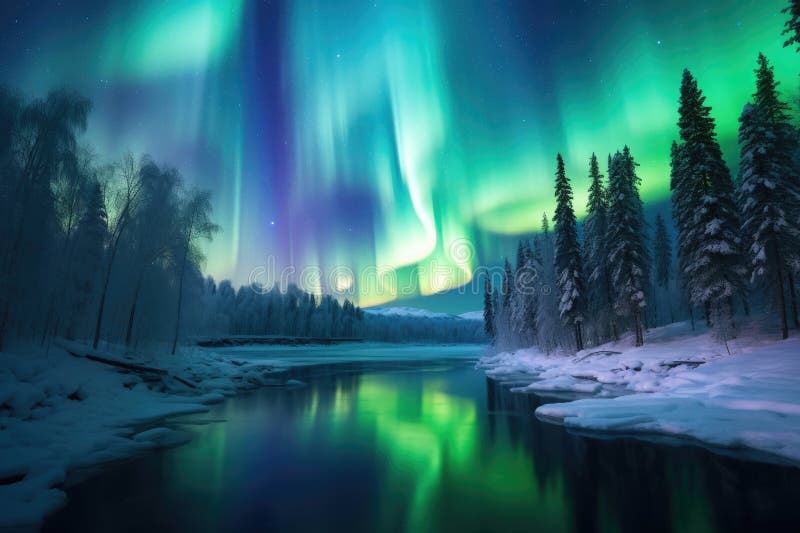 Watercolor Dreams: Northern Lights Dancing on Ice. Stock Illustration ...