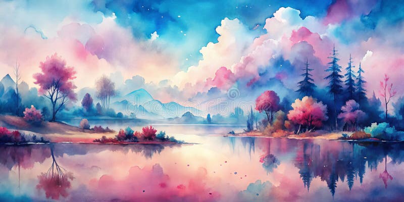Watercolor Dreamscape Pink and Blue Lake Reflection Stock Illustration ...