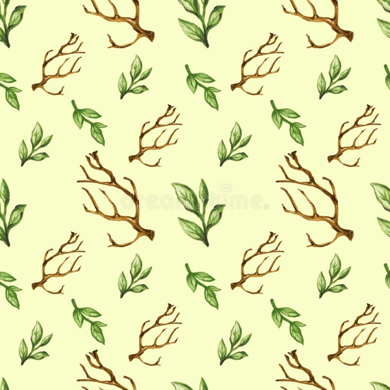 Watercolor Dry Tree Leaves Branches Seamless Pattern Set Stock ...
