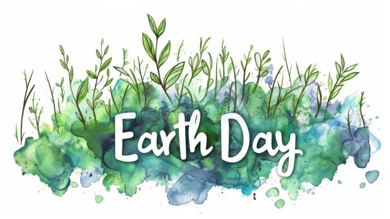 Watercolor Earth Day Banner with Fresh Greenery and Text Overlay Stock ...