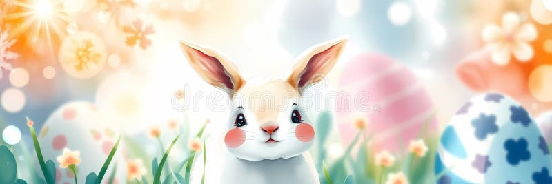 Watercolor Easter Background with Cute Bunny and Eggs and Flowers Stock ...