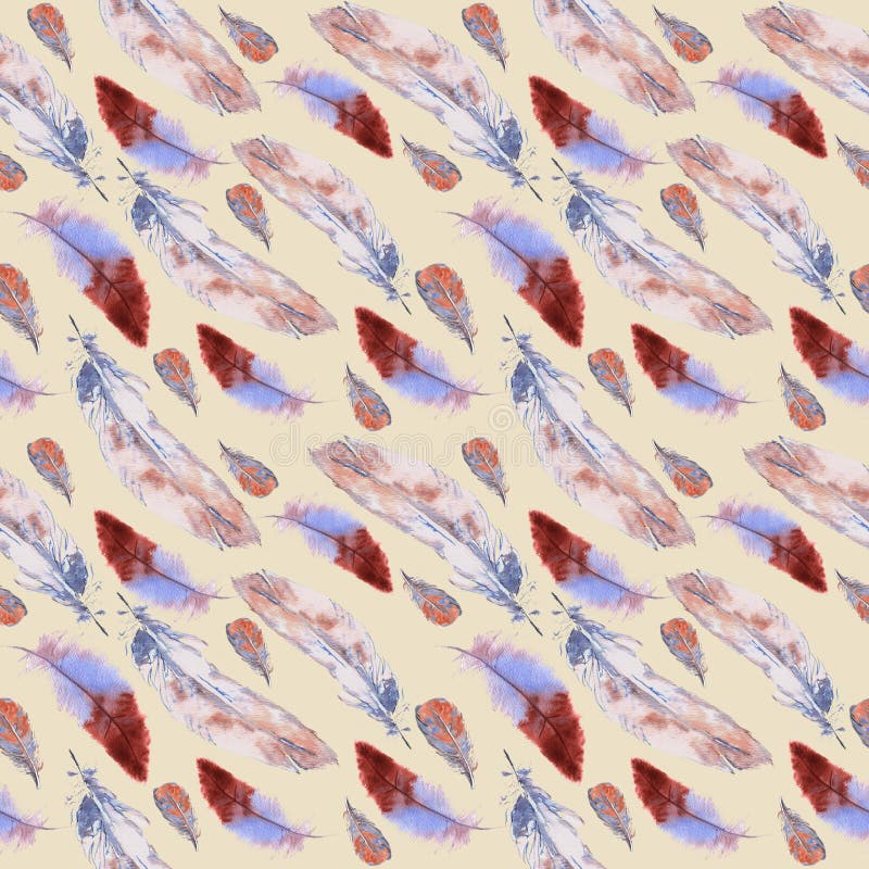 Watercolor Easter Bird Seamless Pattern of Fresh Feathers on a Beige ...