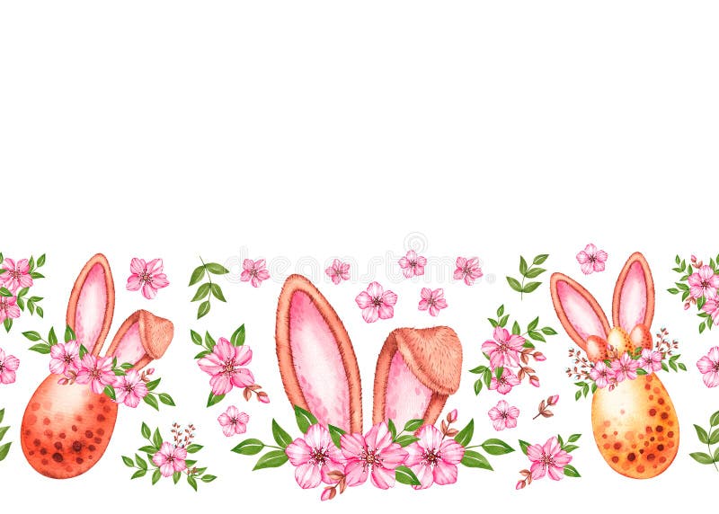 Watercolor Easter Border with Bunny Ears and Eggs Stock Illustration ...