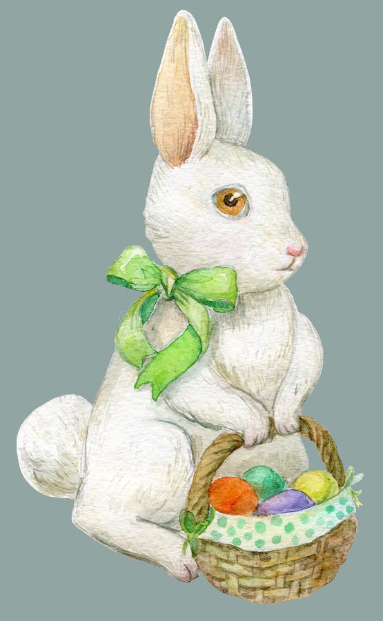 Watercolor Easter Bunny with a Basket of Colored Easter Eggs. Sticker ...