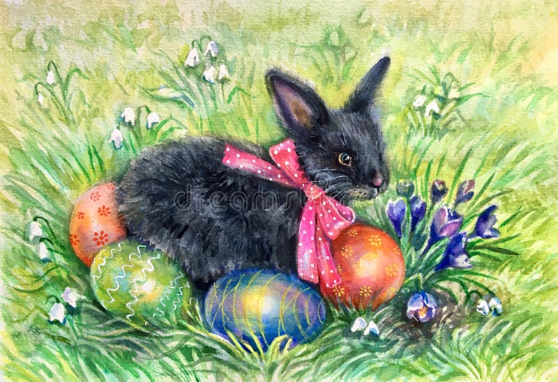 Watercolor Easter Bunny and Easter Eggs on Green Grass. Bunny Hiding in ...