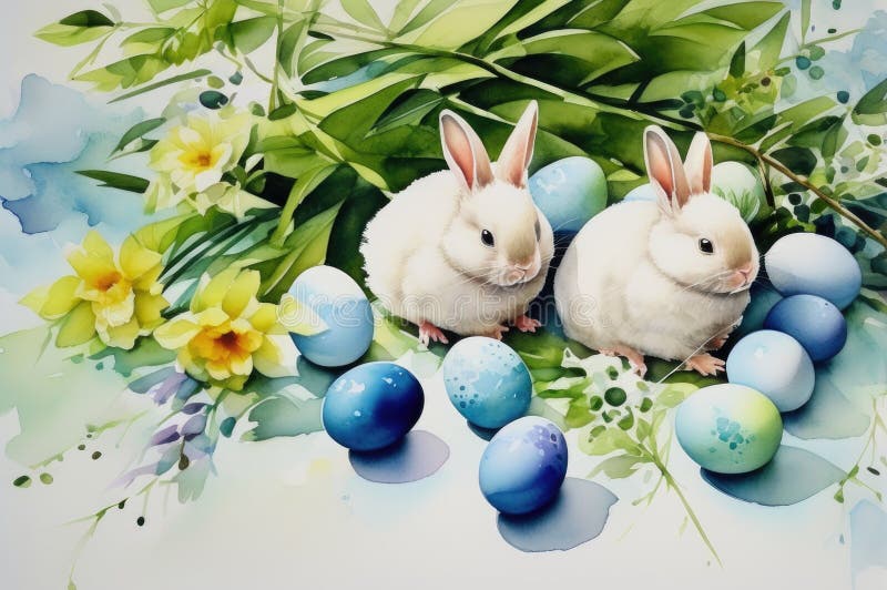 Watercolor Easter Bunny and Eggs Painting Stock Illustration ...