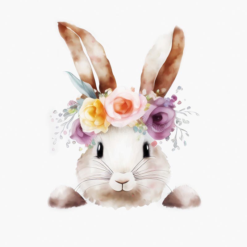 Watercolor Easter Bunny with Flower Crown. Generative Ai Design Stock ...