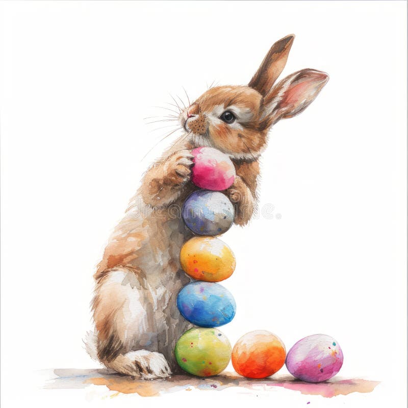 Watercolor Easter Bunny Playing a Game of Jacks with Eggs AI Generated ...