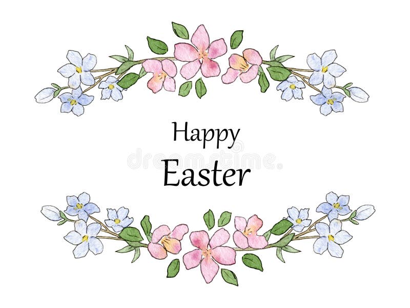 Watercolor Easter Card. Banner with Cherry and Apple Flowers. Happy ...