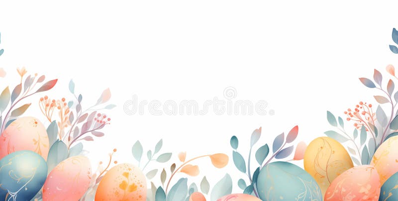 Watercolor Easter Eggs Border Background with Spring Flowers and Eggs ...