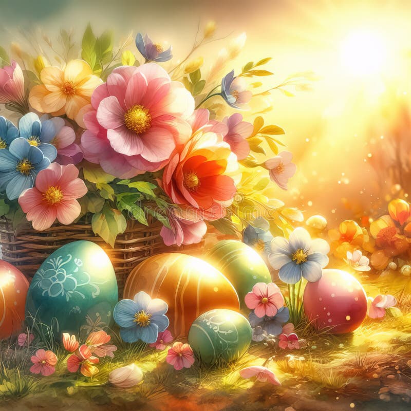 Watercolor of Easter Eggs and Colorful Spring Flowers in Nature ...