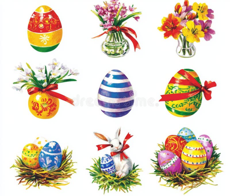 Watercolor Easter Elements Collection Featuring Eggs and Snowdrop Flowers, a Bunny, and a Spring ...