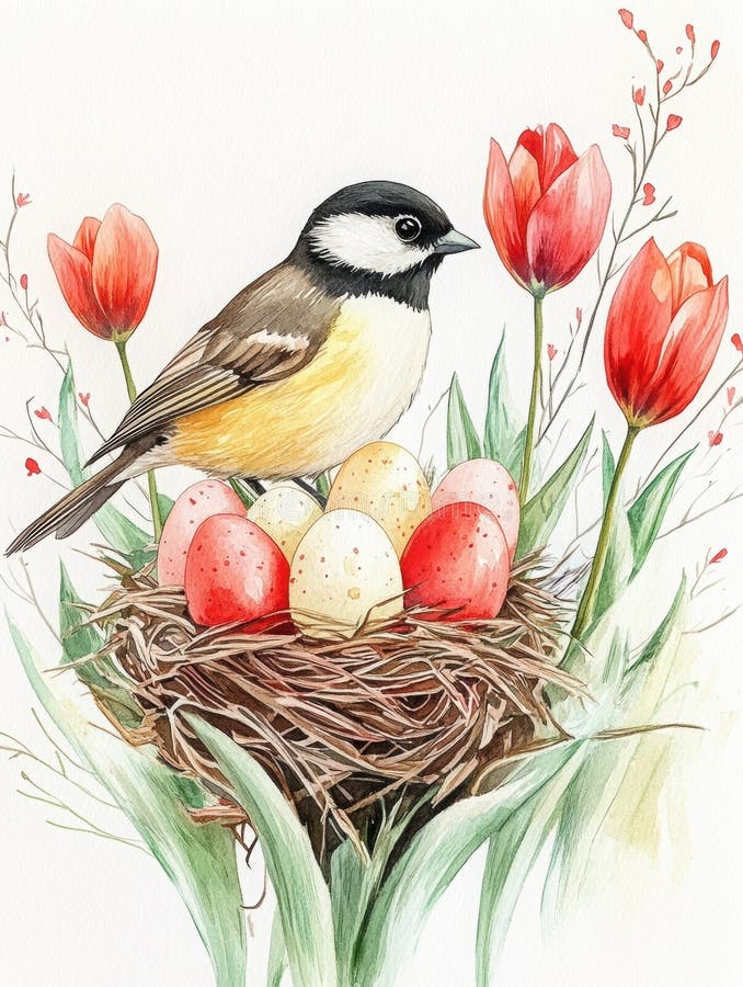 Watercolor Easter Illustration with a Bird on a Nest with Easter Eggs ...