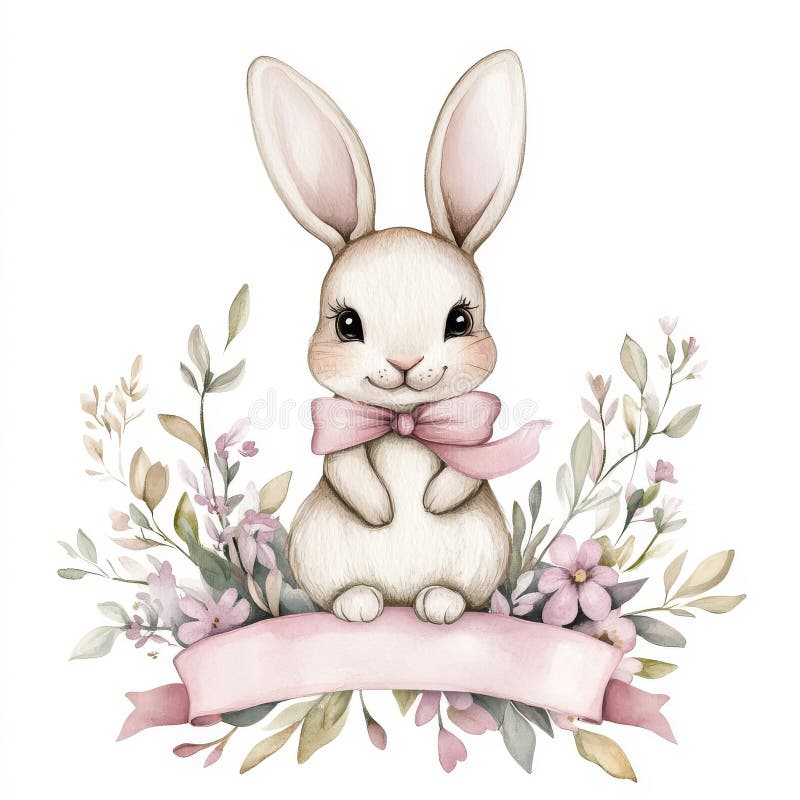 A Watercolor Easter Illustration Featuring a Bunny with Flowers for ...