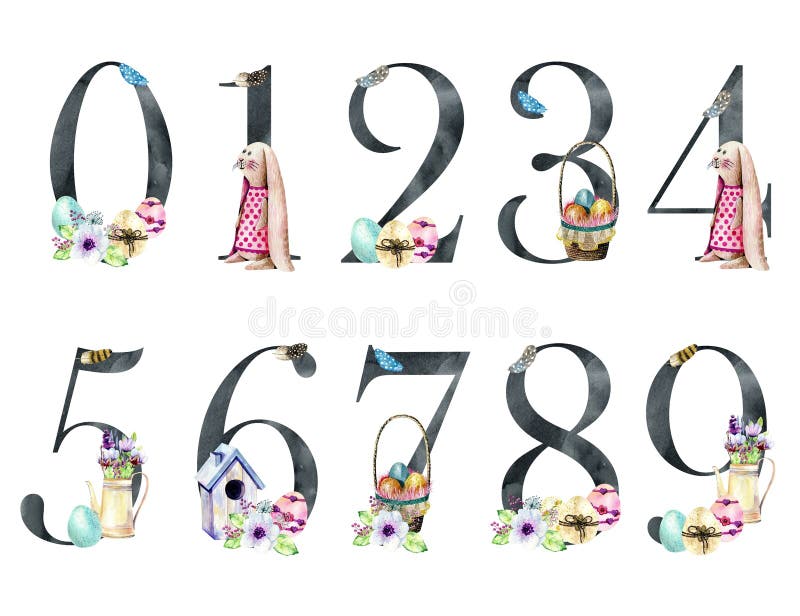 Watercolor easter numbers. stock photo. Illustration of season - 310634122
