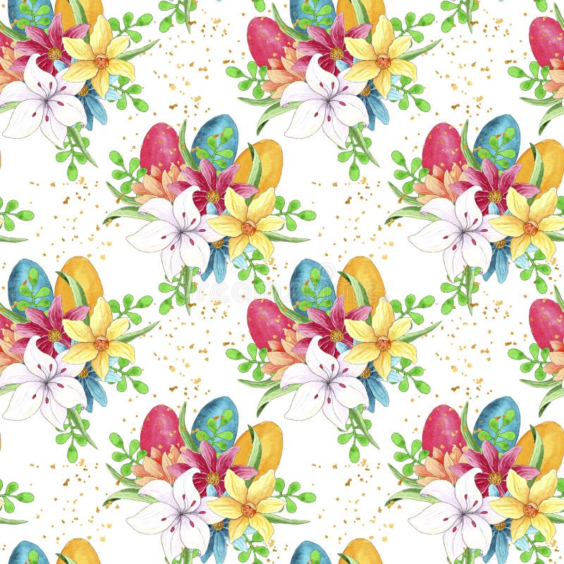 Watercolor Easter Pattern with Spring Flowers and Easter Eggs. Stock ...