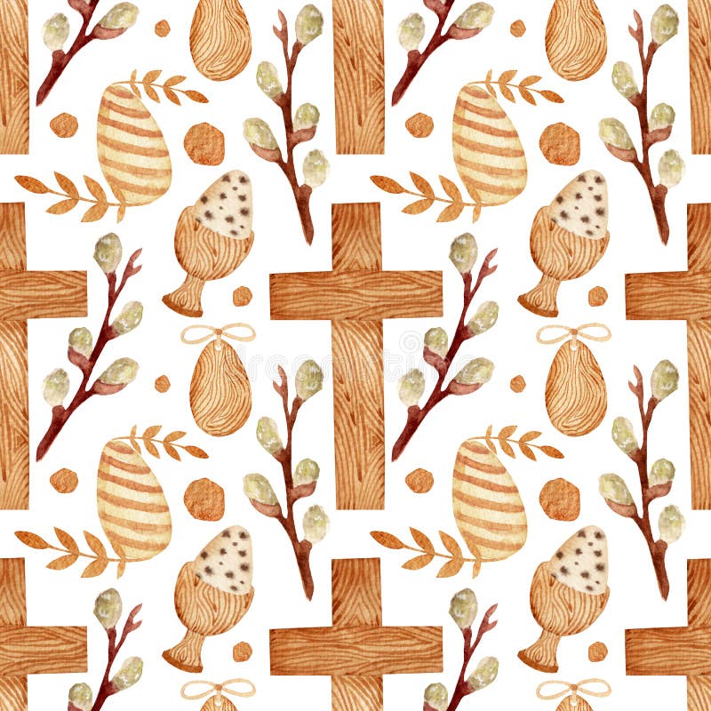 Watercolor Easter Pattern in Wooden Style with Cross, Willow, Eggs ...