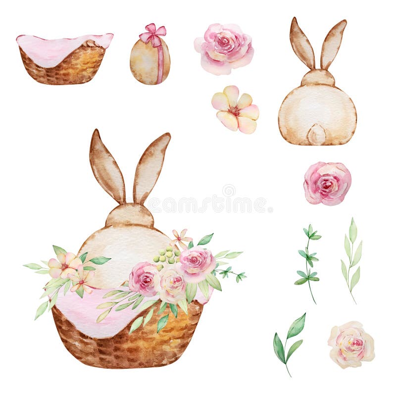 Watercolor Easter Rabbit with Basket, Easter Egg and Spring Flowers ...