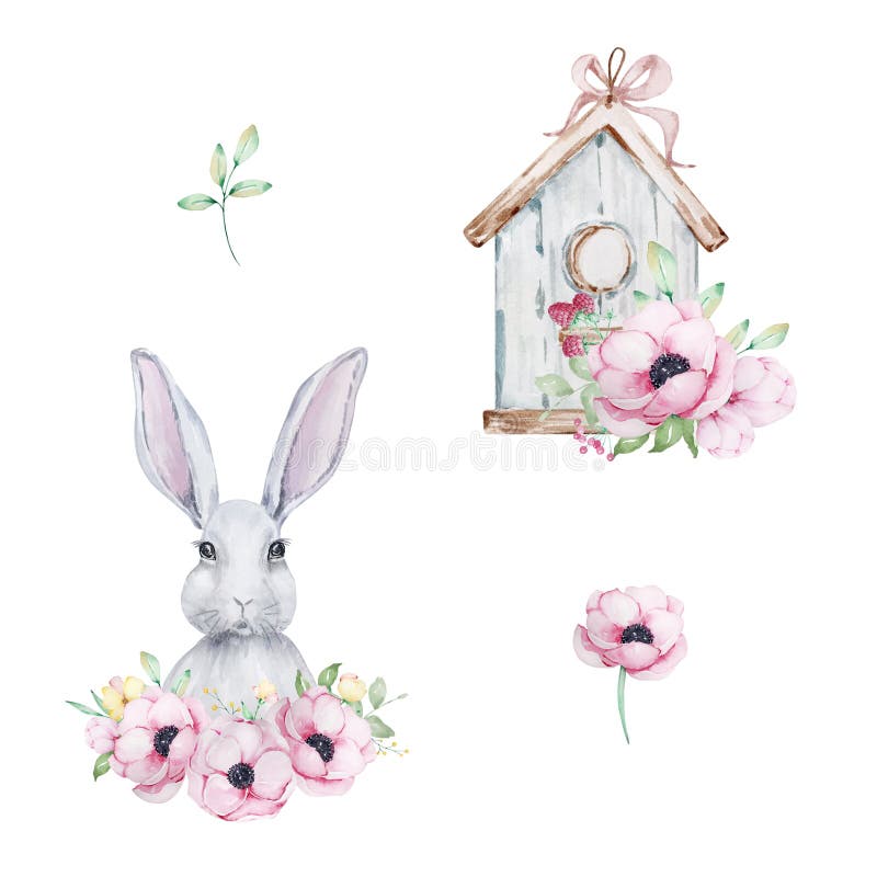 Watercolor Easter Rabbit and Birdhouse and Spring Flowers Stock ...