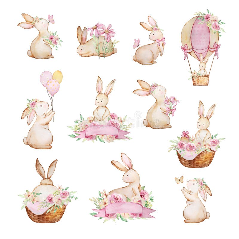 Watercolor Easter Rabbits and Spring Flowers Bouquet Stock Illustration ...