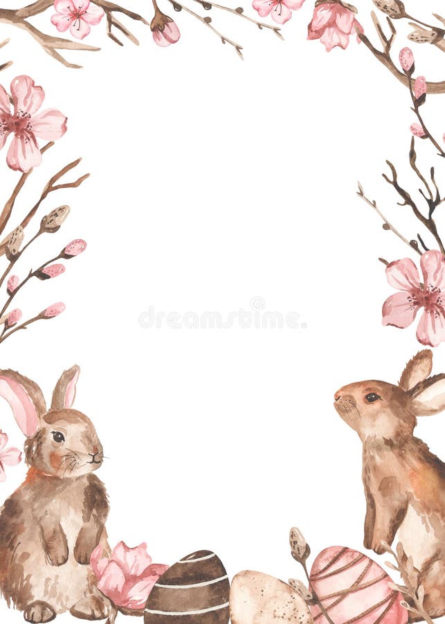 Watercolor Easter Rectangular Frame with Easter Colorful Eggs, Bunnies ...