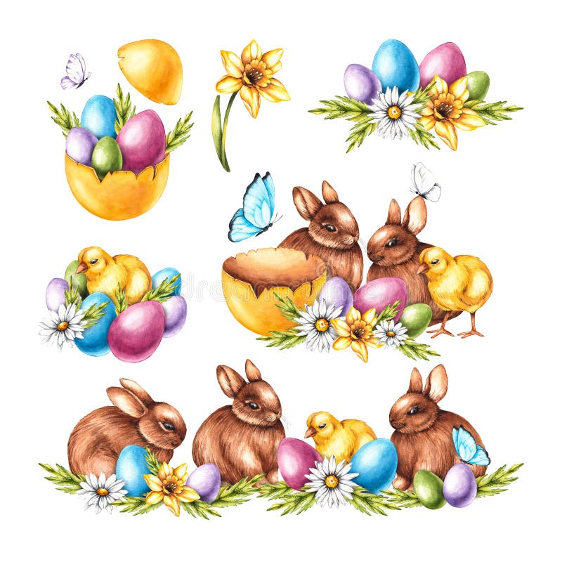 Watercolor Easter Set of Compositions with Hares, Chick, Eggs, Spring ...