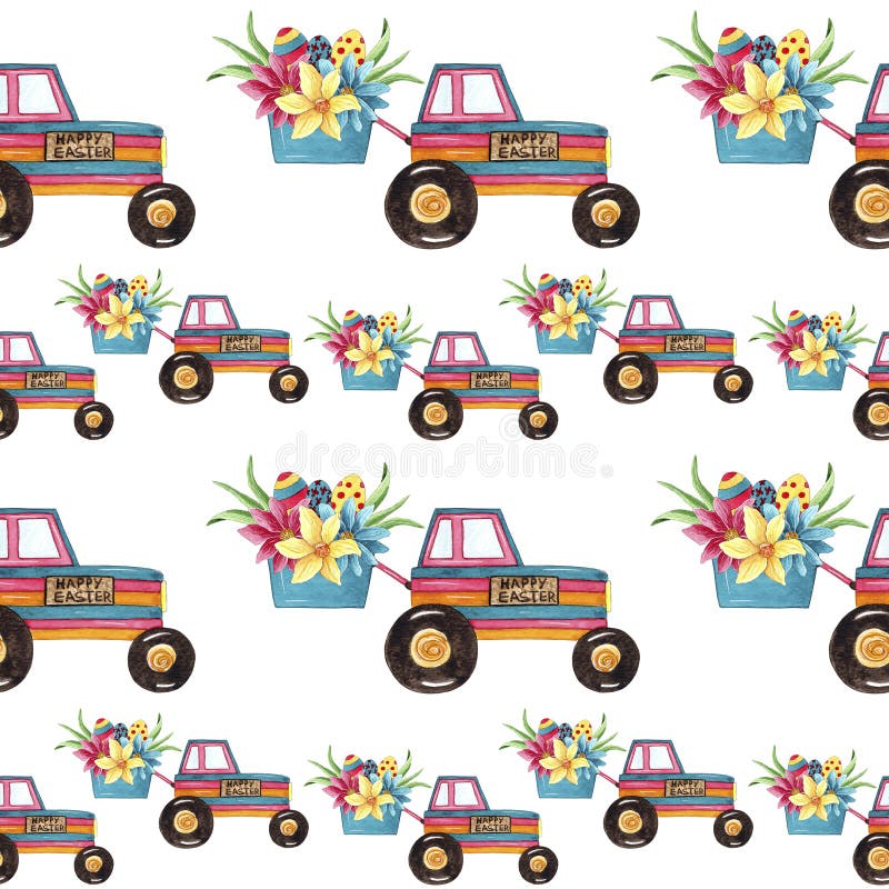 Watercolor Easter Tractor Seamless Background Design. Stock Photo ...
