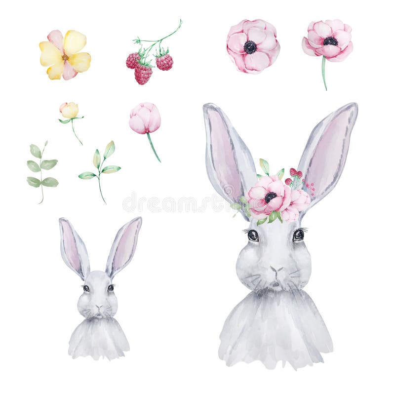 Watercolor Easter White Rabbit with Spring Flowers Stock Illustration ...