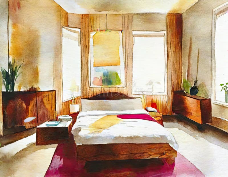 Watercolor of Eclectic Living Room Stock Illustration - Illustration of ...