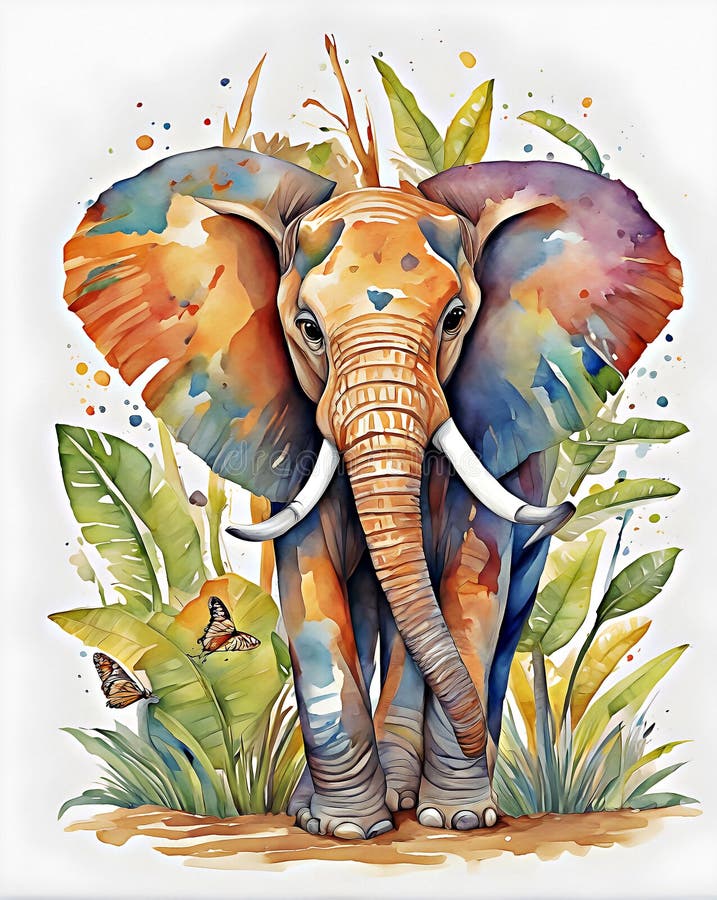 Watercolor Elephant in Leaves on a White Background. Watercolor Poster ...