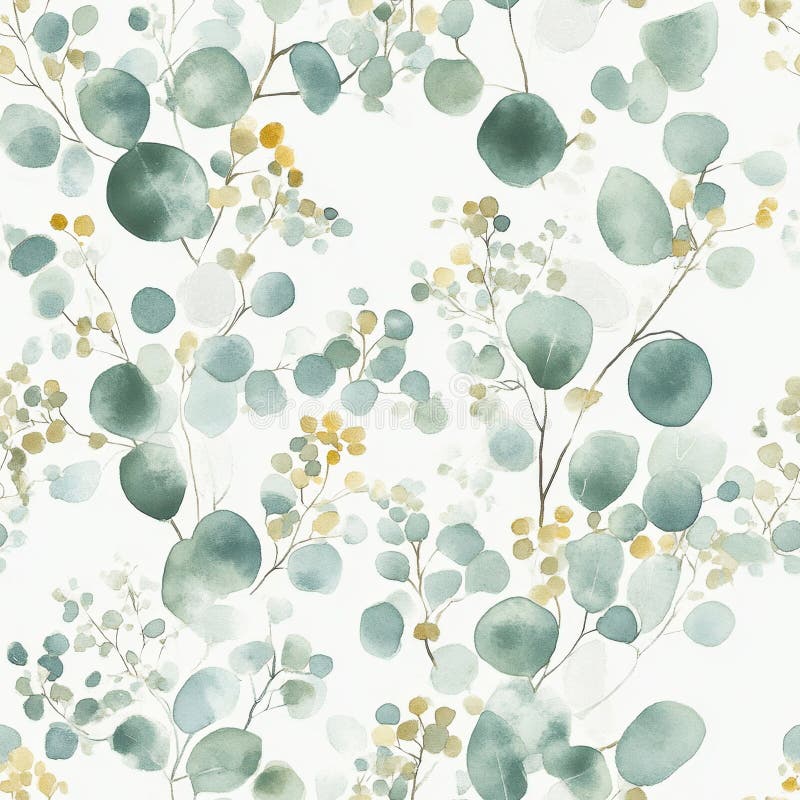 Watercolor Eucalyptus Branches Pattern with Green and Yellow Foliage ...
