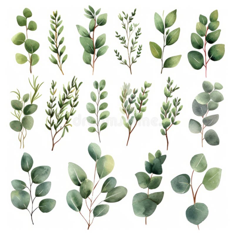 Watercolor Eucalyptus Branches. Set of Green Leaves Stock Illustration ... Watercolor Eucalyptus Branches. Set of Green Leaves Stock Illustration ...