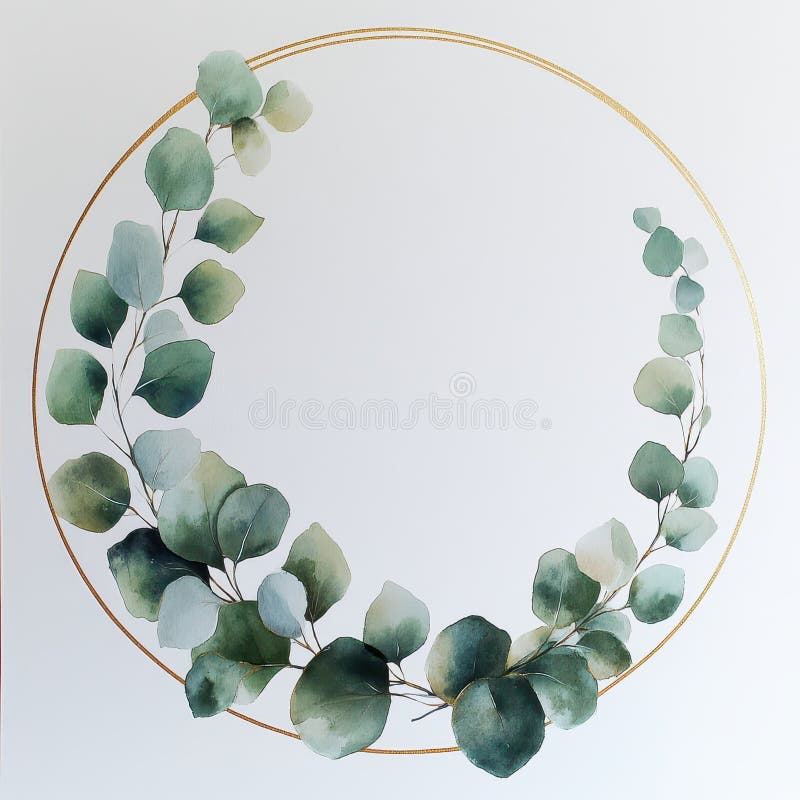 Watercolor Eucalyptus Wreath Gold Frame Botanical Art Elegant Design ...