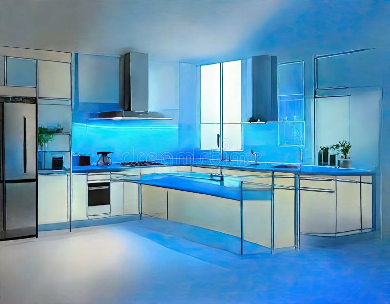 Watercolor of Evening Modern Kitchen with Blue Neon Smart House Stock ...