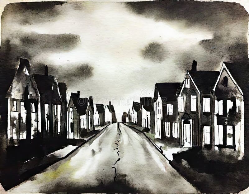 Watercolor of Evil Town Darkness Stock Illustration - Illustration of ...