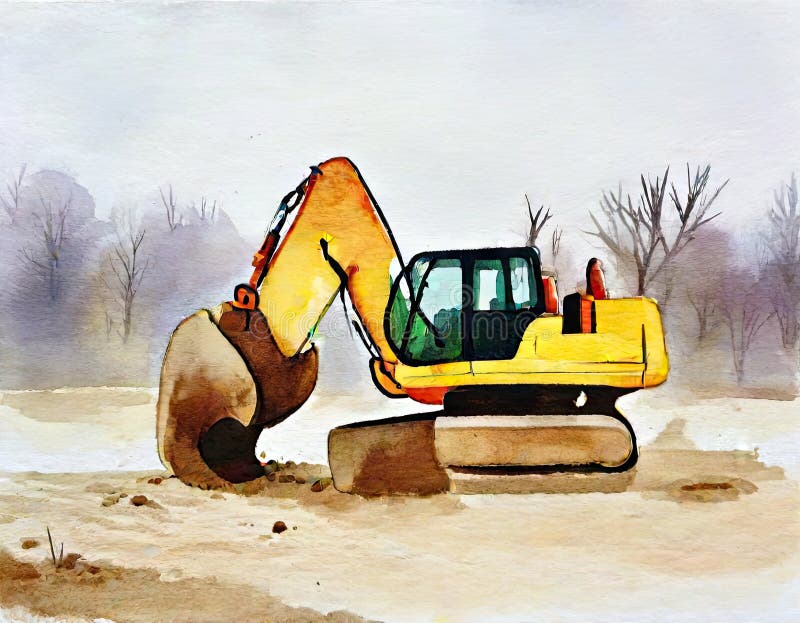 Watercolor of Excavator at Work on Construction Stock Illustration ...