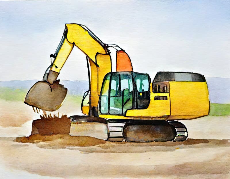 Watercolor of Excavator at Work on Construction Stock Illustration ...