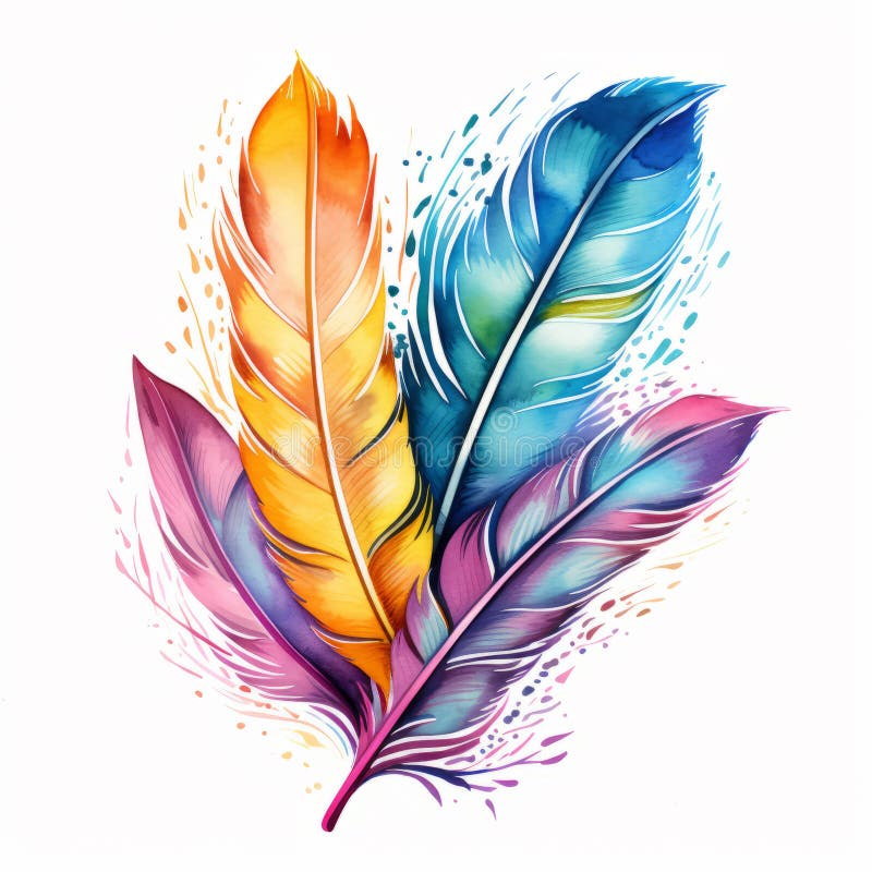 Watercolor Exotic Bird Feathers. Multi-colored Feathers Stock ...