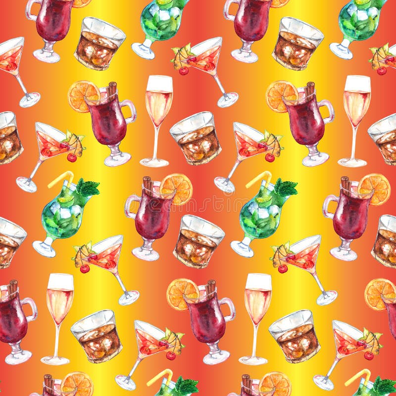 Watercolor Exotic Drink Alcohol Cocktail Seamless Pattern Texture Stock ...