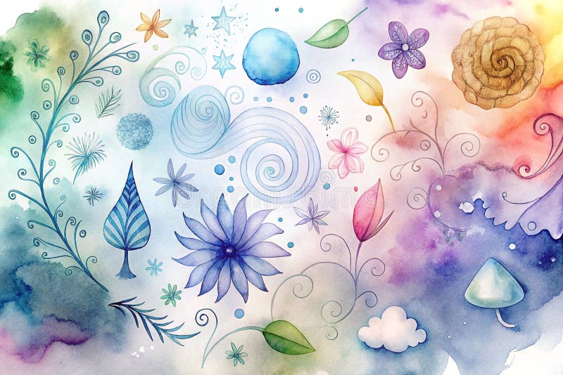 Watercolor Fantasy Floral Elements on Rainbow Background Stock ...