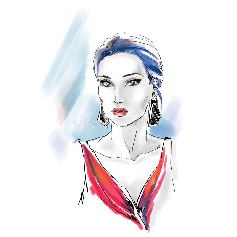 Watercolor Fashion Illustration With Beautiful Girl Stock Illustration