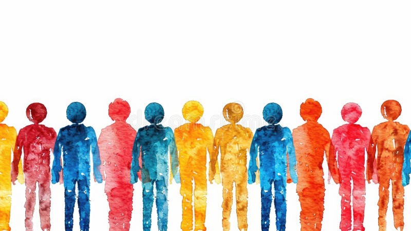 Watercolor Figures in a Spectrum of Colors, Standing in a Line. Stock ...