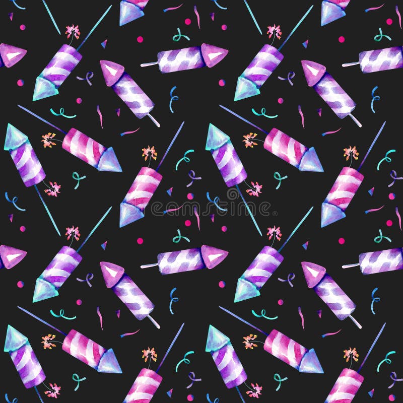 Watercolor Fireworks Seamless Pattern Stock Illustration - Illustration ...