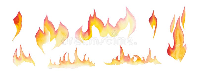 Watercolor Flames, Lights and Torches Set. Different Fire Elements ...