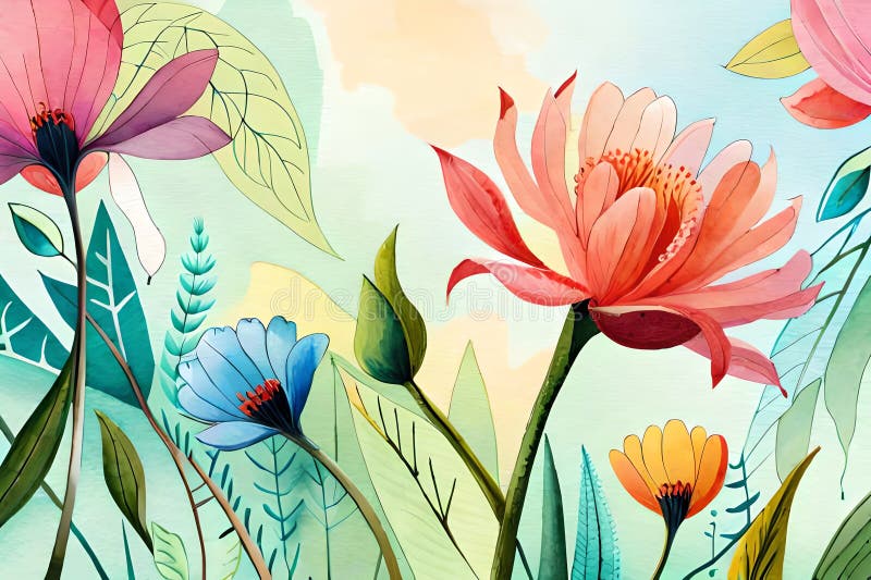 Watercolor Flora Pattern, Spring Flower with Leaves, Romantic Texture ...